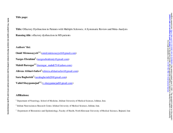 Pdf Olfactory Dysfunction In Patients With Multiple Sclerosis A