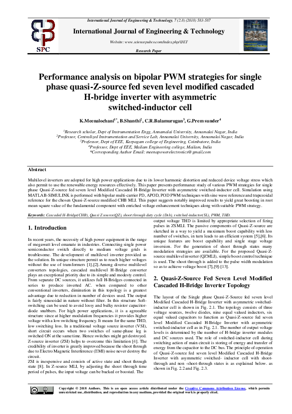 Pdf Performance Analysis On Bipolar Pwm Strategies For Single Phase Quasi Z Source Fed Seven