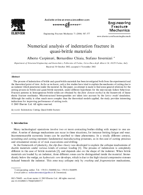 (PDF) Numerical analysis of indentation fracture in quasi-brittle materials