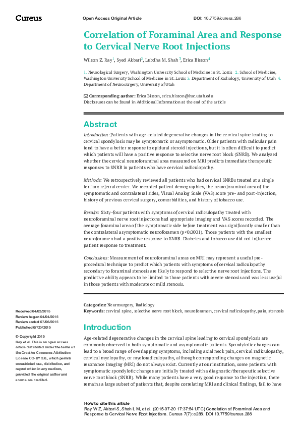 (PDF) Correlation of Foraminal Area and Response to Cervical Nerve Root ...