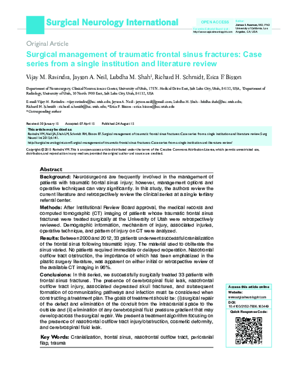(PDF) Surgical management of traumatic frontal sinus fractures: Case ...