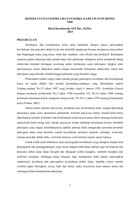 Pdf Kesehatan Dan Keselamatan Kerja Karyawan Di Hotel