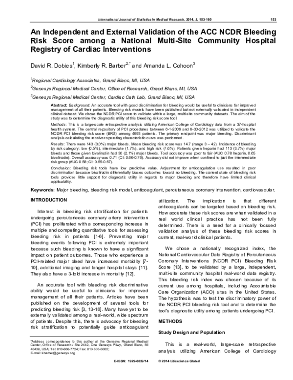 (PDF) An Independent and External Validation of the ACC NCDR Bleeding Risk Score among a ...
