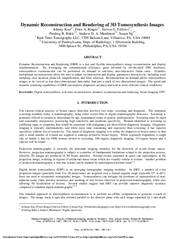 Pdf Dynamic Reconstruction And Rendering Of 3d Tomosynthesis Images