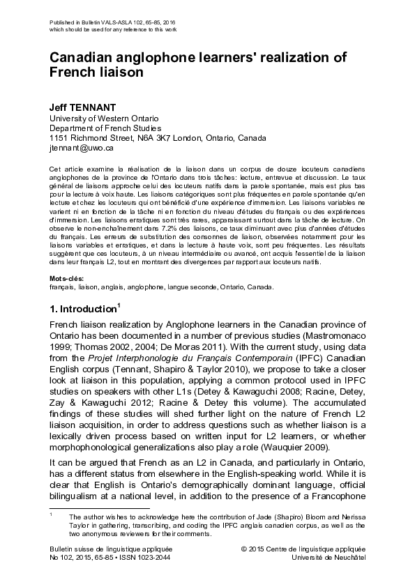 (PDF) Canadian anglophone learners' realization of French liaison