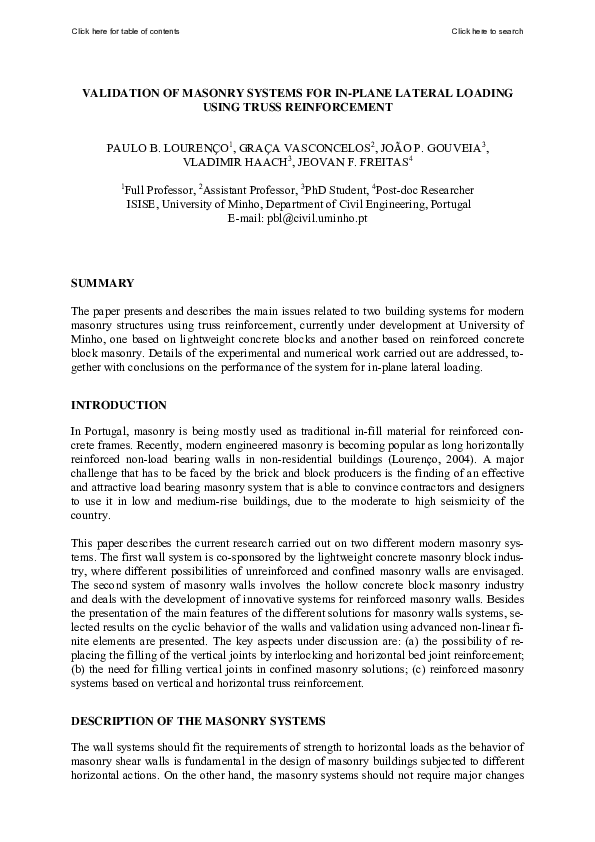 (PDF) Validation of masonry systems for in-plane lateral loading using ...