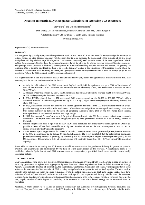 (PDF) Need for Internationally Recognized Guidelines for Assessing EGS ...