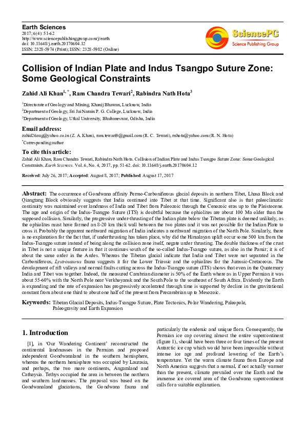 (PDF) Collision of Indian Plate and Indus Tsangpo Suture Zone: Some ...