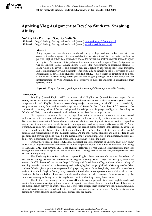 (PDF) Applying Vlog Assignment to Develop Students’ Speaking Ability