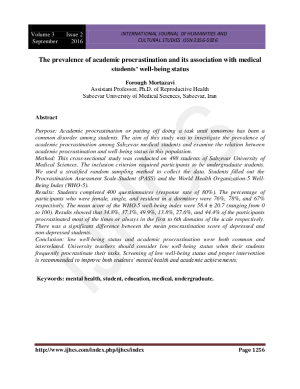 (PDF) The prevalence of academic procrastination and its association with medical students’ well ...
