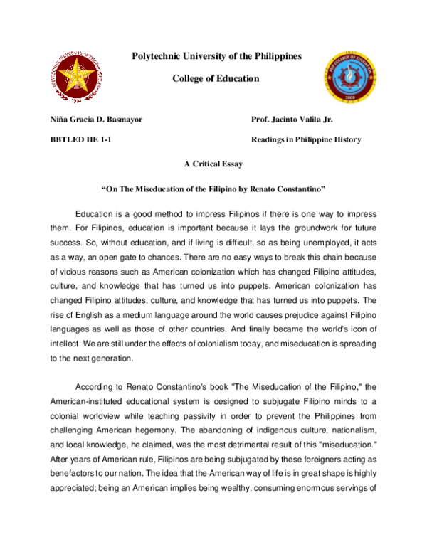(PDF) “On The Miseducation of the Filipino by Renato Constantino”