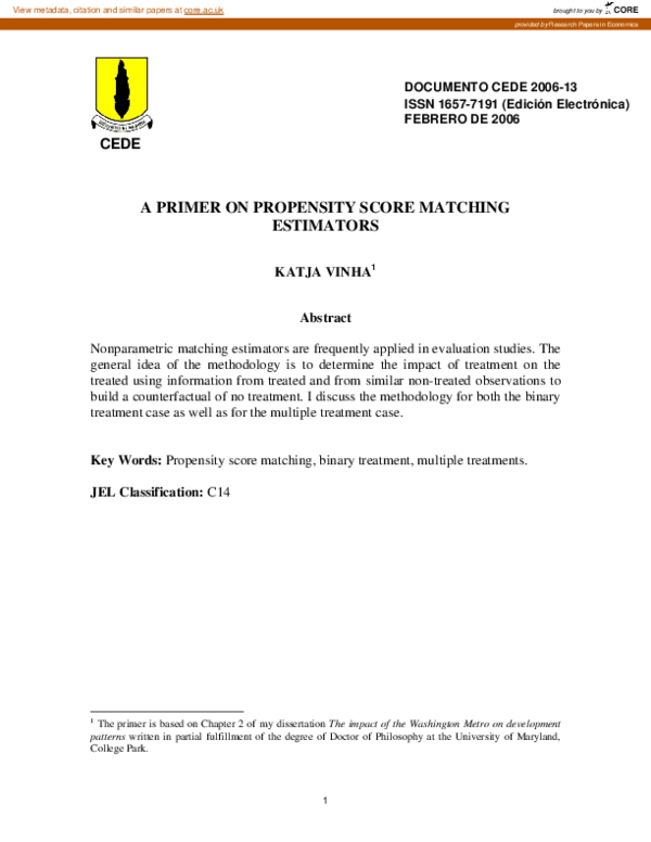 (PDF) A Primer on Propensity Score Matching Estimators