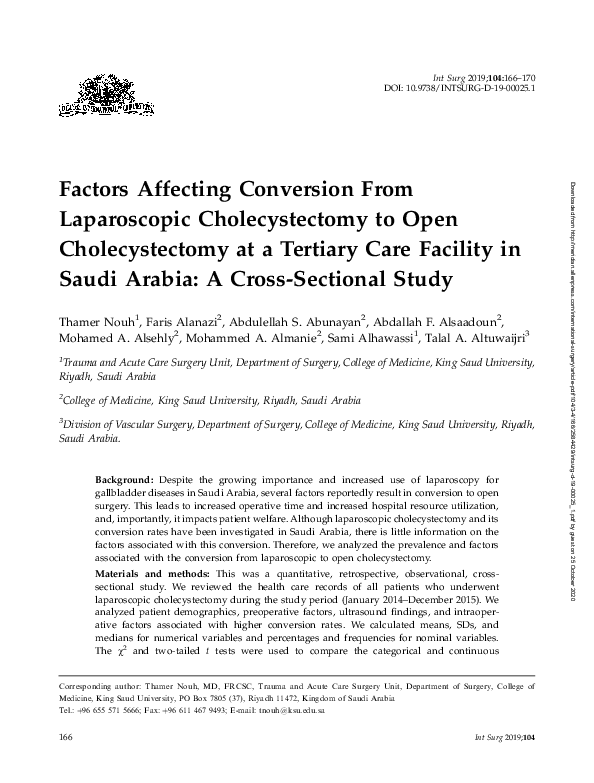 (PDF) Factors Affecting Conversion From Laparoscopic Cholecystectomy to Open Cholecystectomy at ...