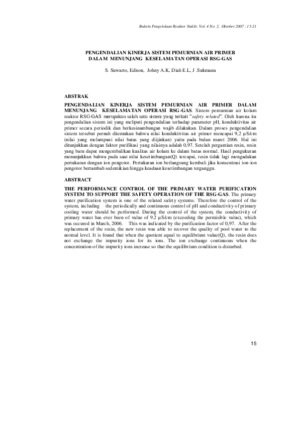 (PDF) Pengendalian Kinerja Sistem Pemurnian Air Primer Dalam Menunjang ...