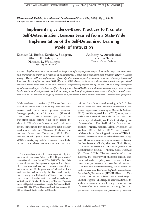 (PDF) Implementing Evidence-Based Practices to Promote Self-Determination: Lessons Learned from ...