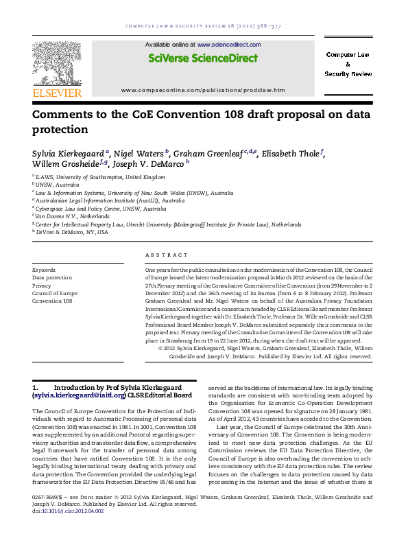 Comments to the CoE Convention 108 draft proposal on data protection