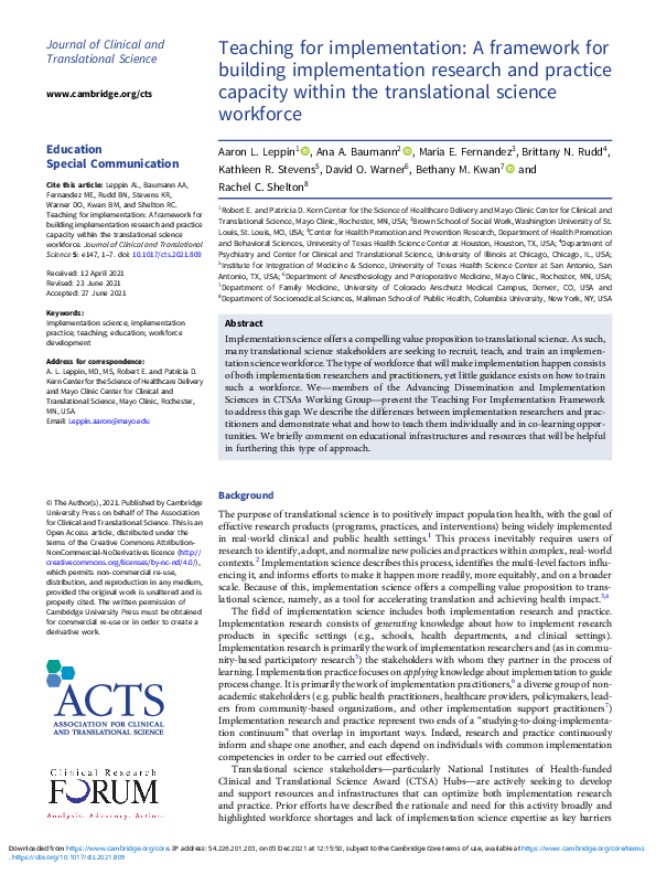 (PDF) Teaching for implementation: A framework for building implementation research and practice ...