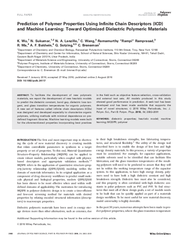 (PDF) Machine Learning for Predicting Polymer Properties