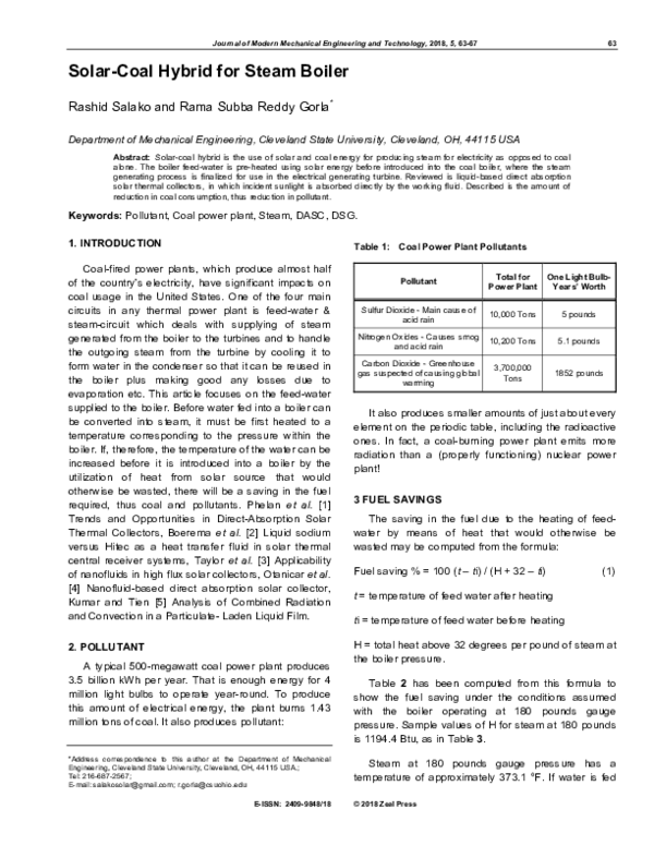 (PDF) Solar-Coal Hybrid for Steam Boiler