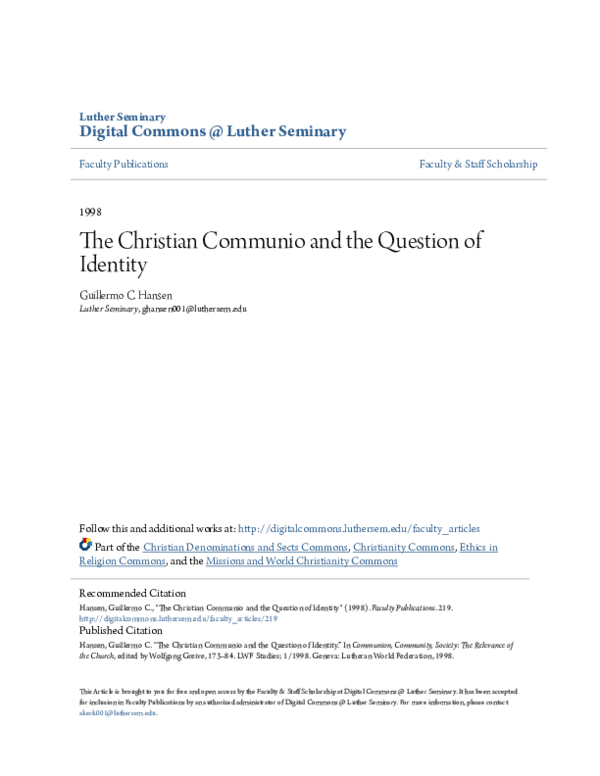 (PDF) The Christian communio and the question of identity