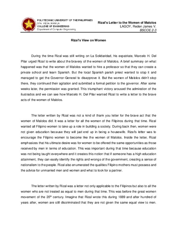 (PDF) Rizal's Letter to the Women of Malolos