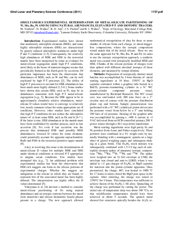 Pdf Simultaneous Experimental Determination Of Metal Silicate Partitioning Of W Mo Ru Pt