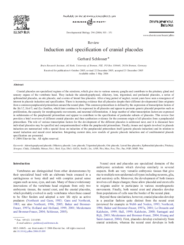 (PDF) Induction and specification of cranial placodes