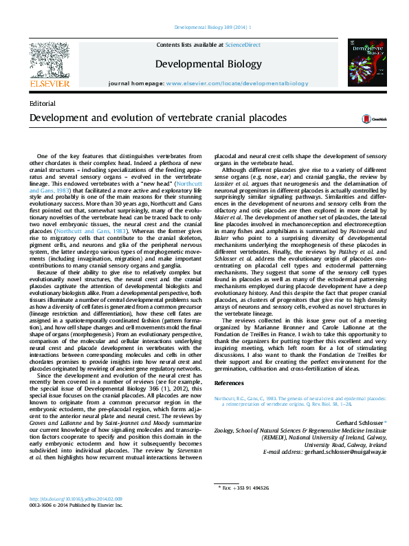 (PDF) Development and evolution of vertebrate cranial placodes ...