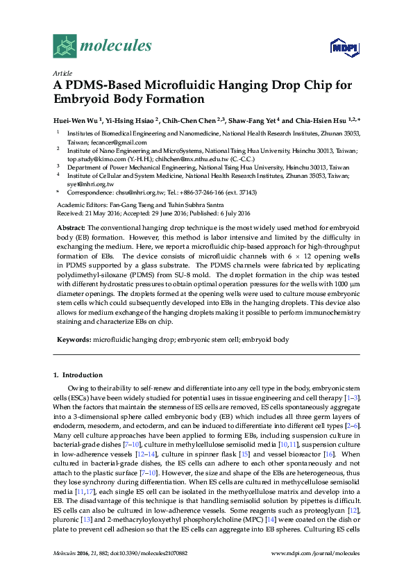 (PDF) A PDMS-Based Microfluidic Hanging Drop Chip for Embryoid Body ...