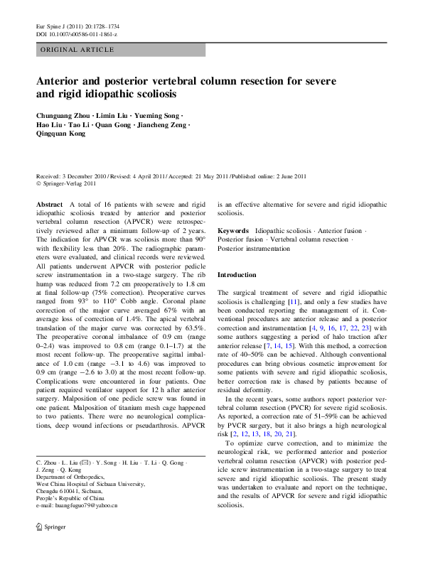 (PDF) Anterior and posterior vertebral column resection for severe and ...