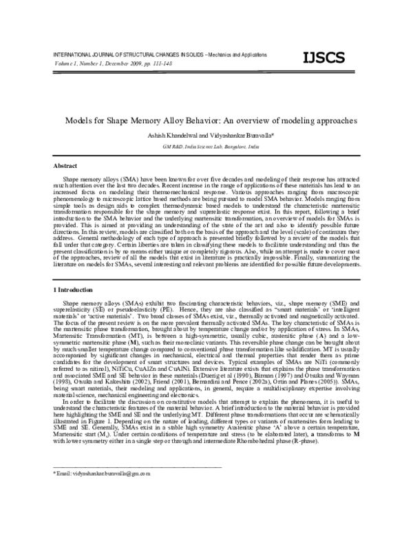(PDF) Models for Shape Memory Alloy Behavior: An Overview of Modeling Approaches