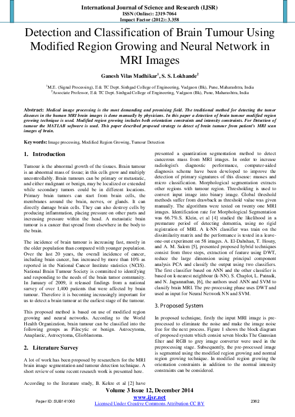 (PDF) Detection and Classification of Brain Tumour Using Modified Region Growing and Neural ...