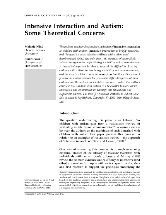 (PDF) Intensive interaction and autism: some theoretical concerns