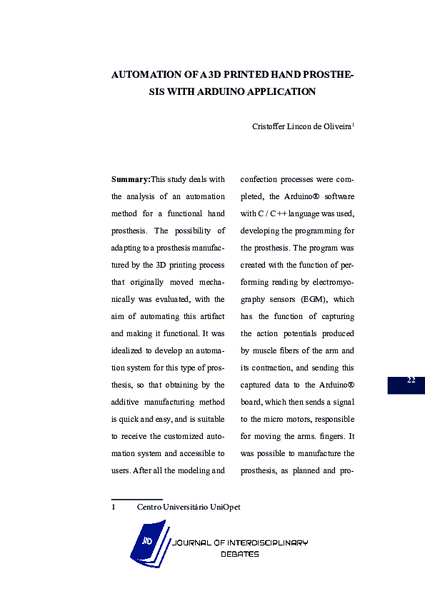 (PDF) AUTOMATION OF A 3D PRINTED HAND PROSTHESIS WITH ARDUINO APPLICATION