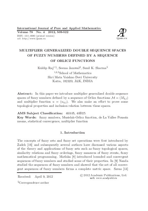 (PDF) Multiplier Generalized Double Sequence Spaces of Fuzzy Numbers Defined by a Sequence of ...