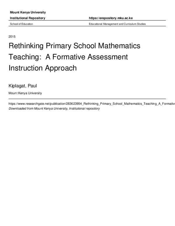 (PDF) Rethinking Primary School Mathematics Teaching: A Formative ...