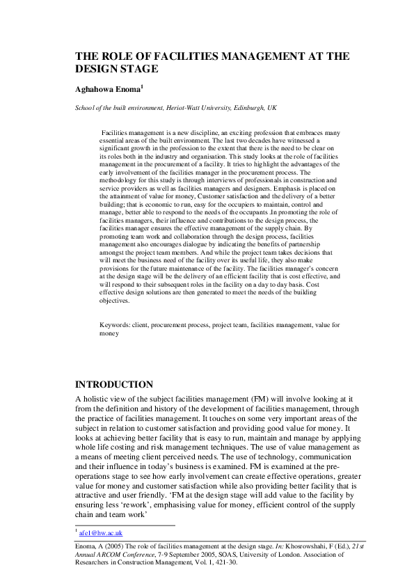 (PDF) The Role of Facilities Management at the Design Stage