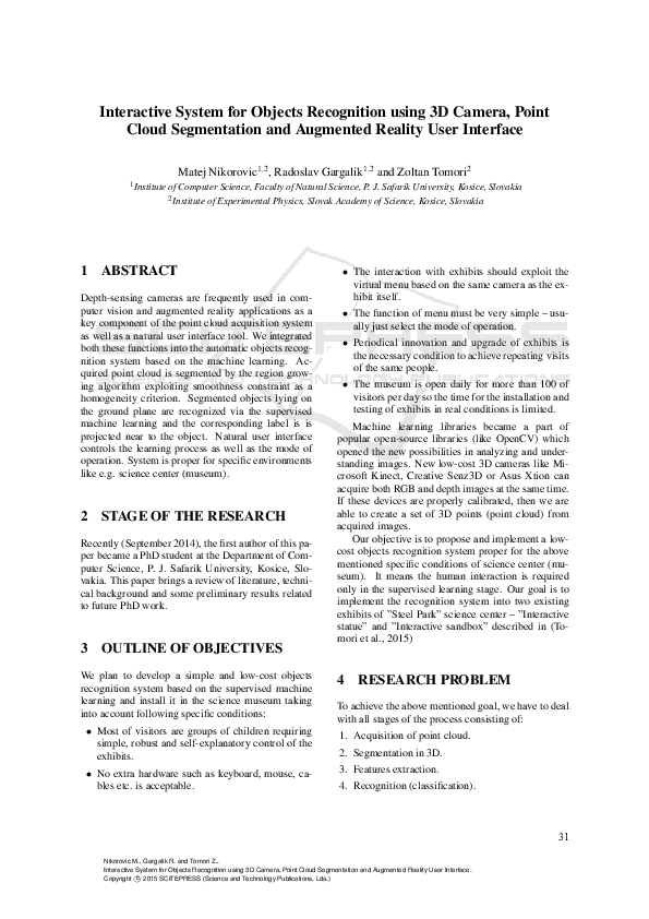 (PDF) Interactive System for Objects Recognition using 3D Camera, Point Cloud Segmentation and ...