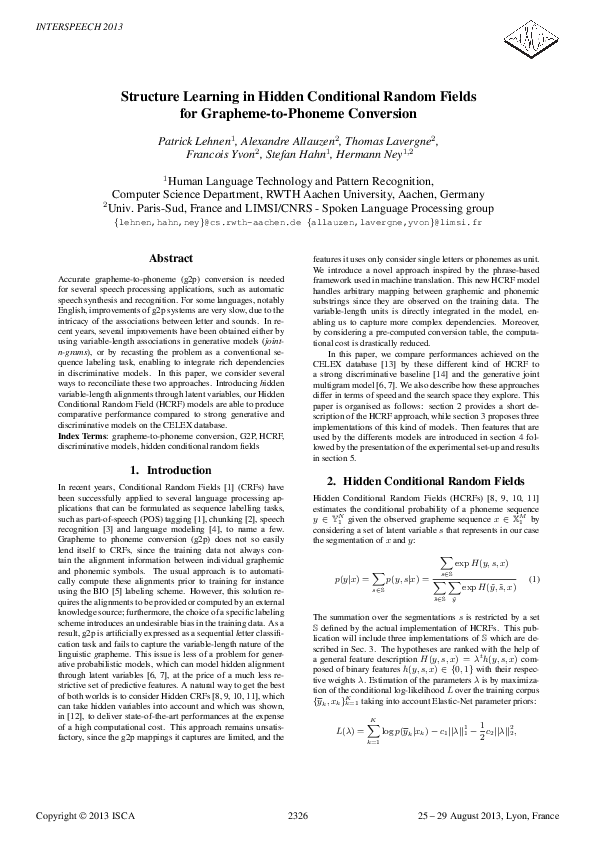 (PDF) Structure learning in hidden conditional random fields for grapheme-to-phoneme conversion