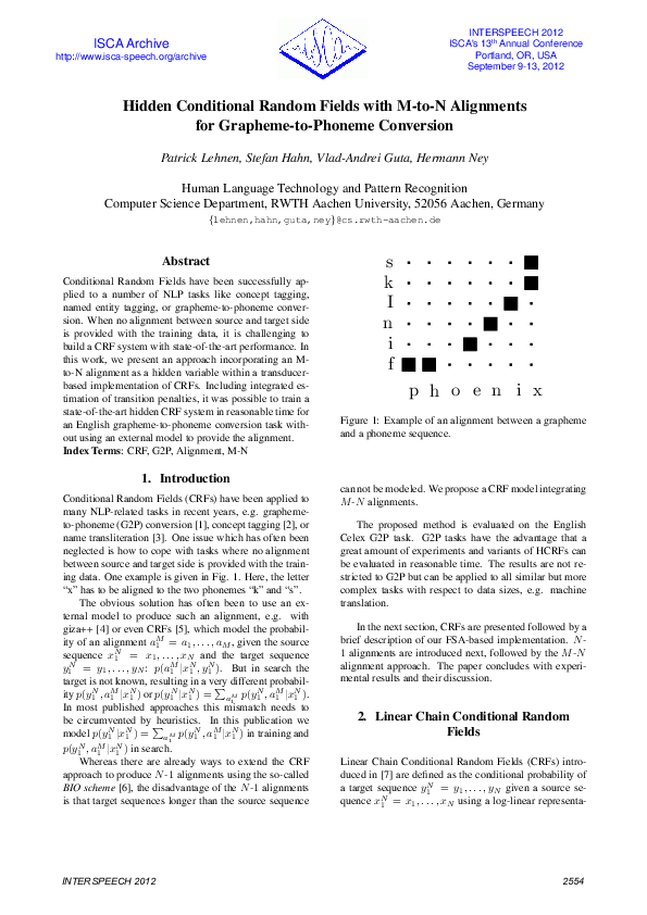 (PDF) Hidden conditional random fields with m-to-n alignments for grapheme-tophoneme conversion ...