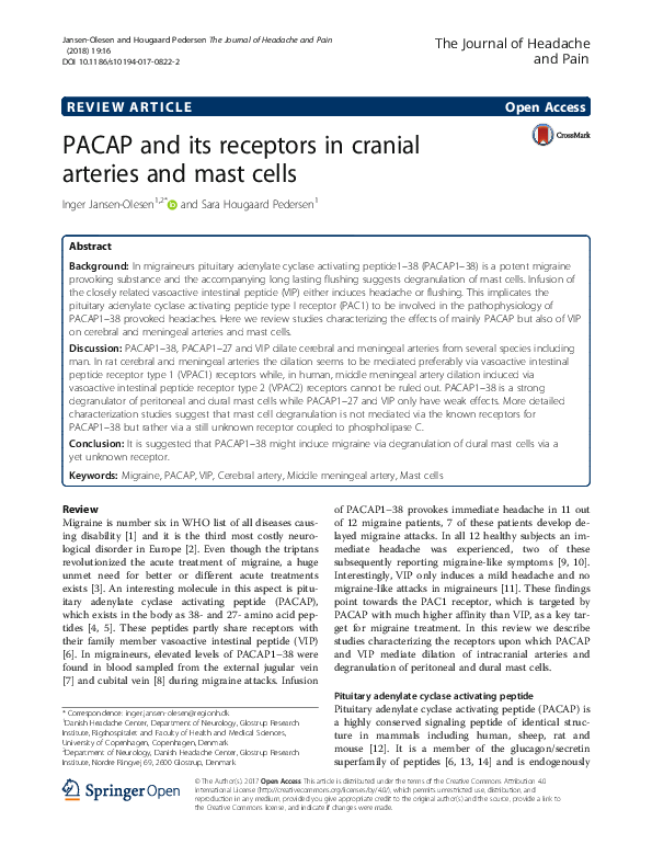 (PDF) PACAP and its receptors in cranial arteries and mast cells