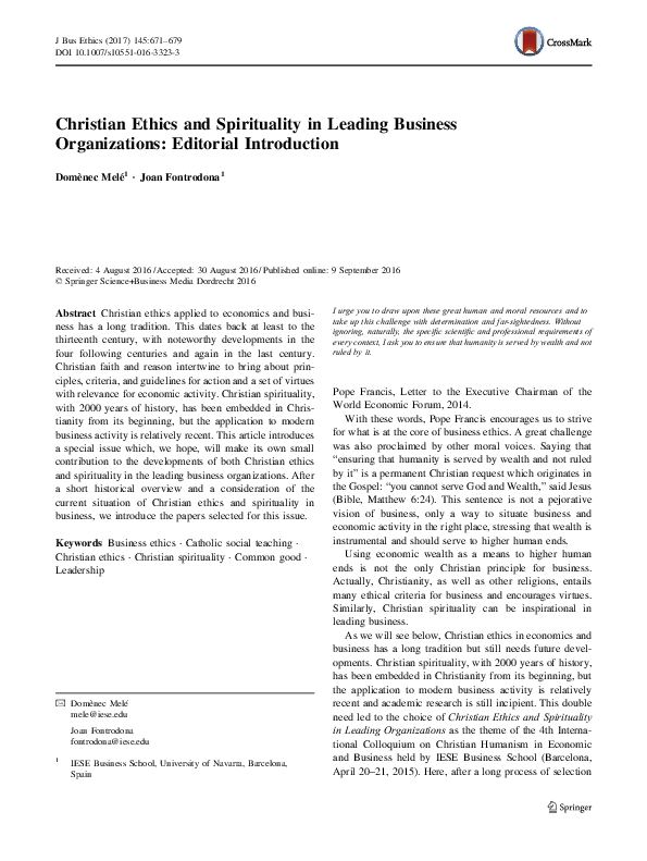 (PDF) Christian Ethics and Spirituality in Leading Business ...