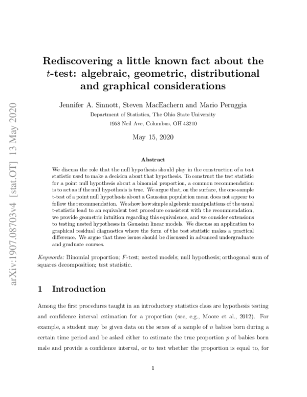 (PDF) Rediscovering a little known fact about the t-test: algebraic ...