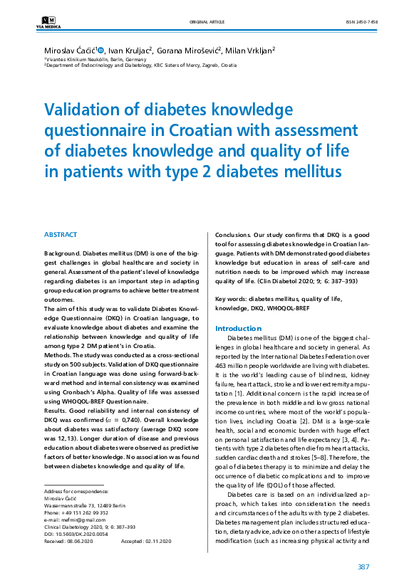 (PDF) Validation of diabetes knowledge questionnaire in Croatian with ...