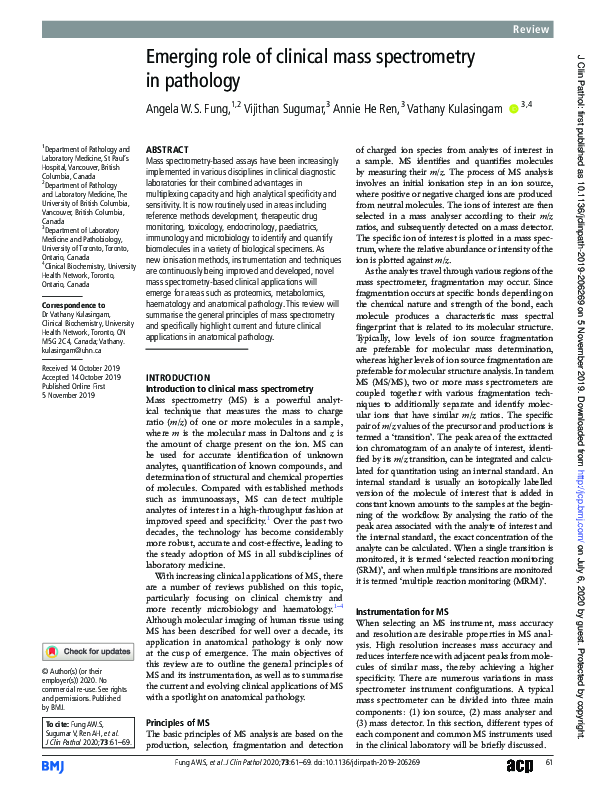 (PDF) Emerging role of clinical mass spectrometry in pathology