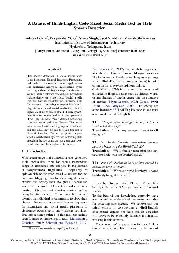 Pdf A Dataset Of Hindi English Code Mixed Social Media Text For Hate Speech Detection