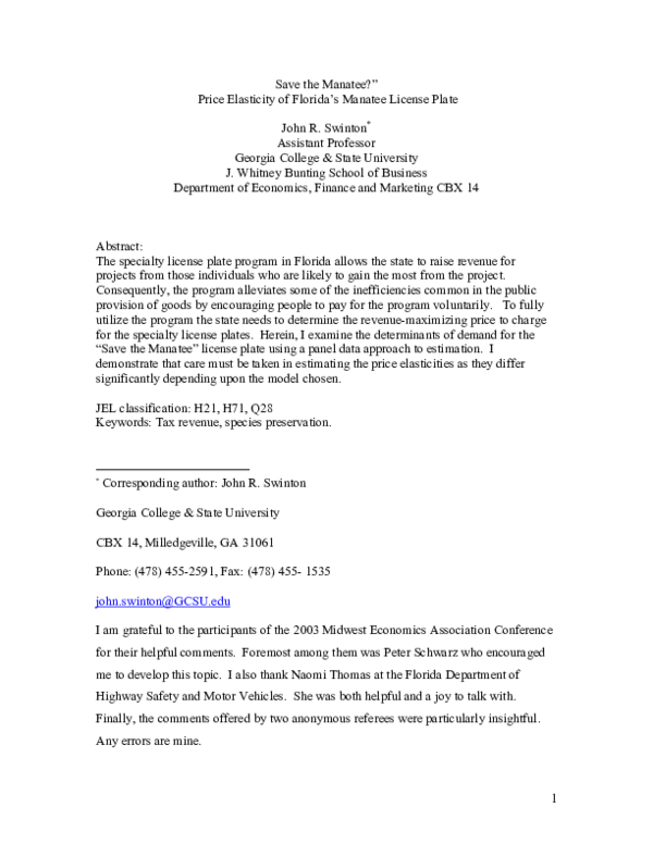 (PDF) Save the Manatee?” Price Elasticity of Florida’s Manatee License ...