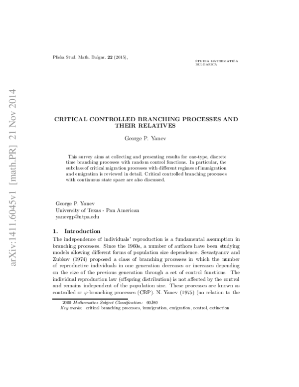 (PDF) Bulgarica Critical Controlled Branching Processes and Their Relatives