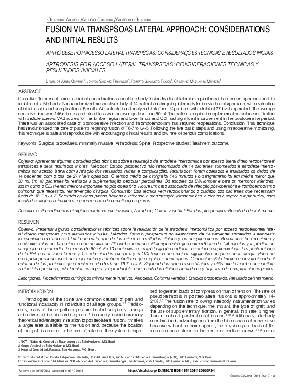 (PDF) Fusion via transpsoas lateral approach: considerations and ...