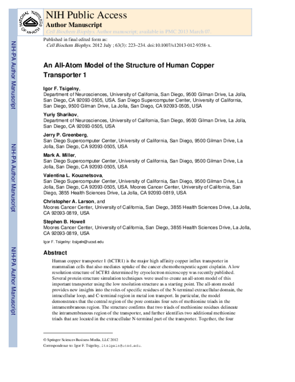 (PDF) An All-Atom Model of the Structure of Human Copper Transporter 1